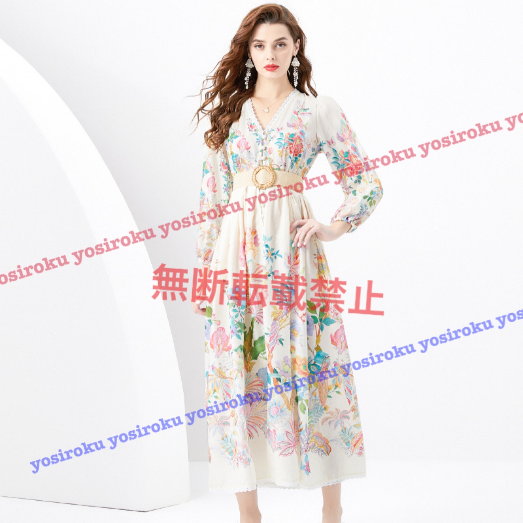 S～3L★夏新作 出かけ パーティー ベルト付き 上品感Vネック 花柄パフスリーブロングワンピース | 卸売・ 問屋・仕入れの専門サイト【NETSEA】