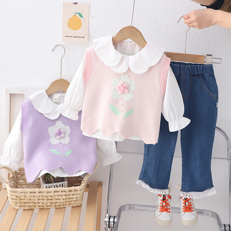 2024新作 春服 子供服 女の子 ブラウス ベスト デニムジーンズ セットアップ 3点セット 韓国風 80-120cm | 卸売・ 問屋・仕入れの専門サイト【NETSEA】