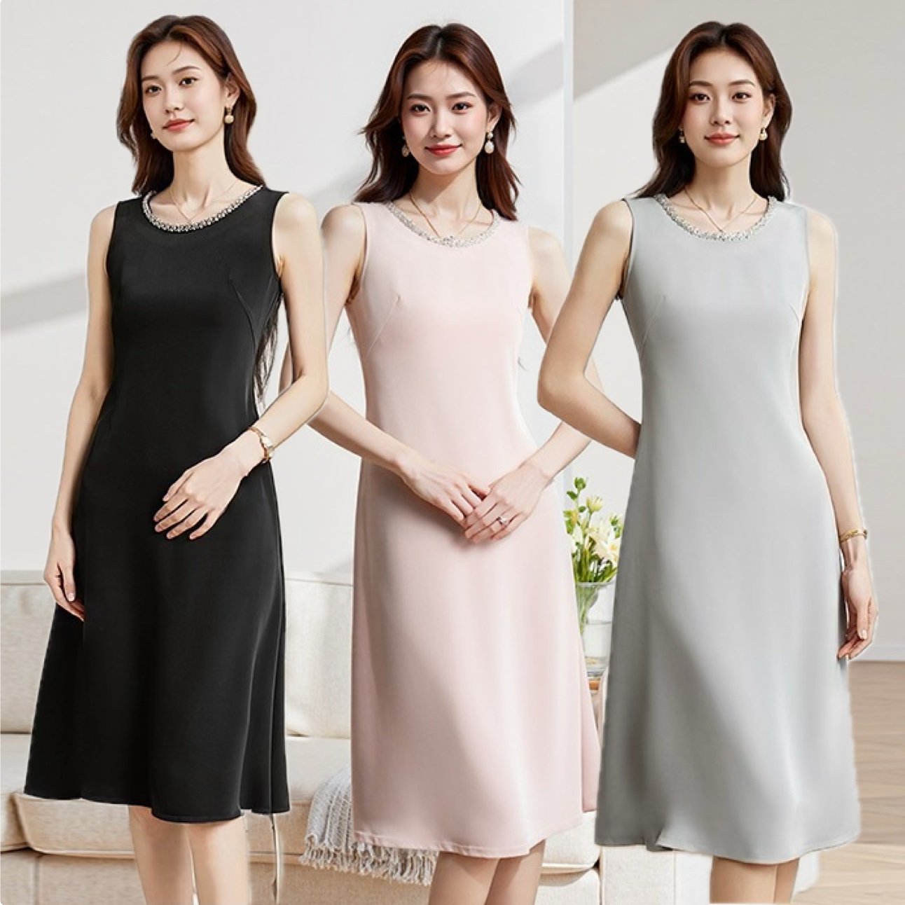 ★S～5L★ OL 通勤 オフェス パーティー 首元ビジュ付き 上品感 ノースリーブドレスワンピース | 卸売・ 問屋・仕入れの専門サイト【NETSEA】