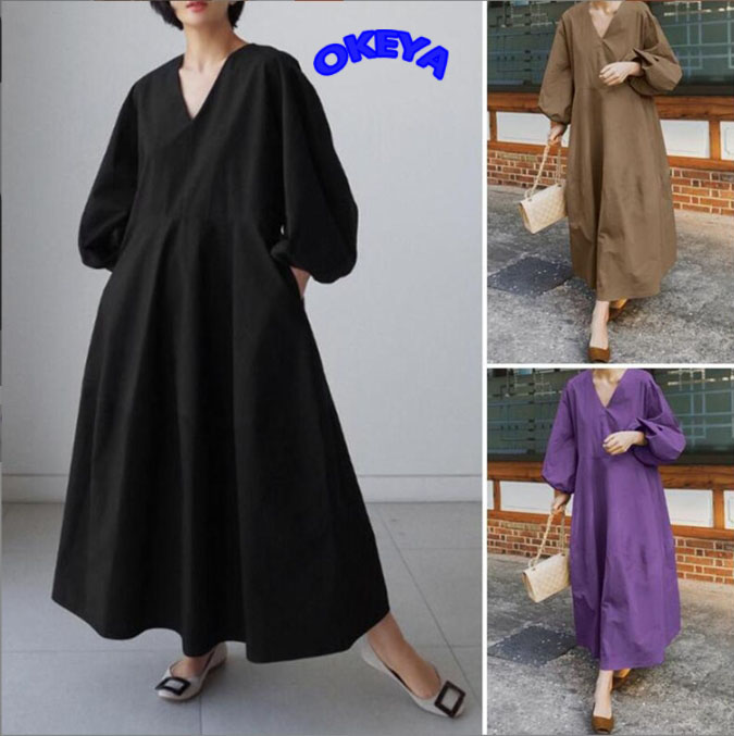 2024年秋新作 レディース服 ワンピース コットン vネック ロングワンピース パフスリーブ S#-5XL# 個人事業主 OKEYA 問屋・仕入れ・卸・卸売の専門【仕入れならNETSEA】