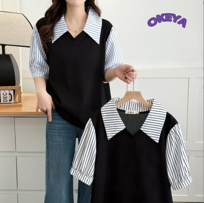 2025年夏新作 韓国風 レディース服 トップス シャツ 半袖 切替 ストライプ vネック XL#-4XL# | 卸売・ 問屋・仕入れの専門サイト【NETSEA】