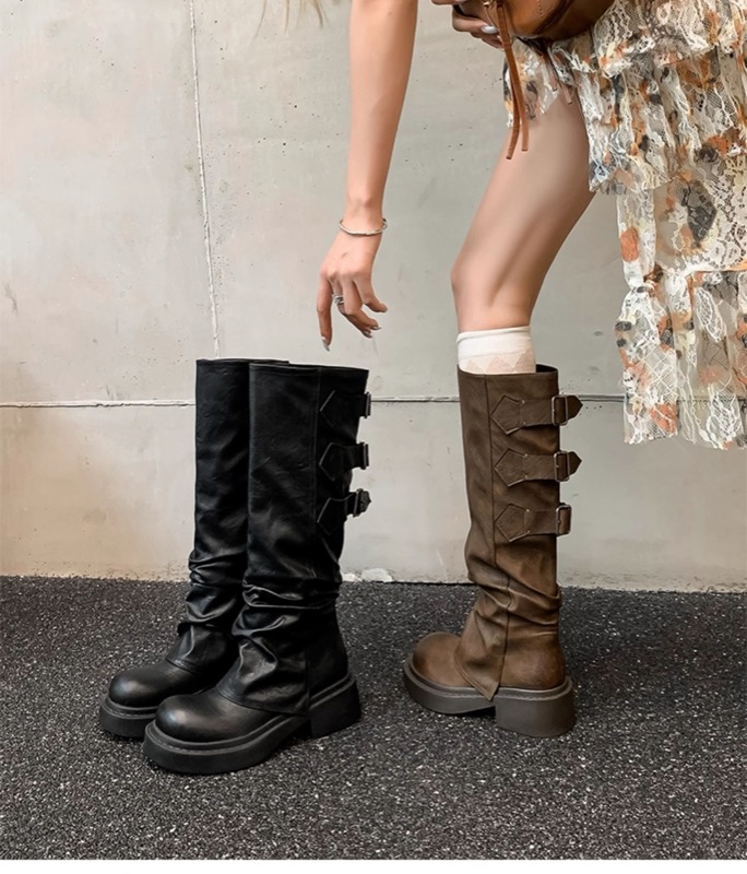 廃墟風ヴィンテージ感ある厚底ロングブーツ 大きめシルエットのパンツインOK シワ加工 | 卸売・ 問屋・仕入れの専門サイト【NETSEA】