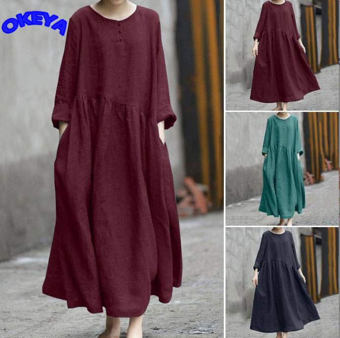 夏新作 レディース服 ワンピース ロングワンピース 長袖 無地 ゆったり 韓国風 綿麻 S#-5XL# 個人事業主 OKEYA 問屋・仕入れ・卸・卸売の専門【仕入れならNETSEA】