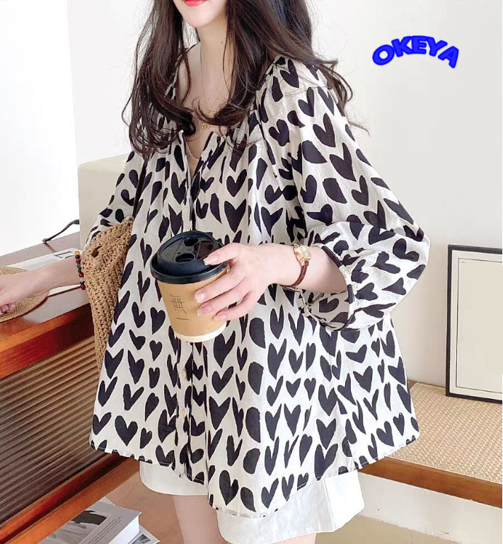 2024年早秋新作 レディース服 トップス シャツ ブラウス ハート柄 可愛い 綿麻 ゆったり M#-2XL# 個人事業主 OKEYA 問屋・仕入れ・卸・卸売の専門【仕入れならNETSEA】