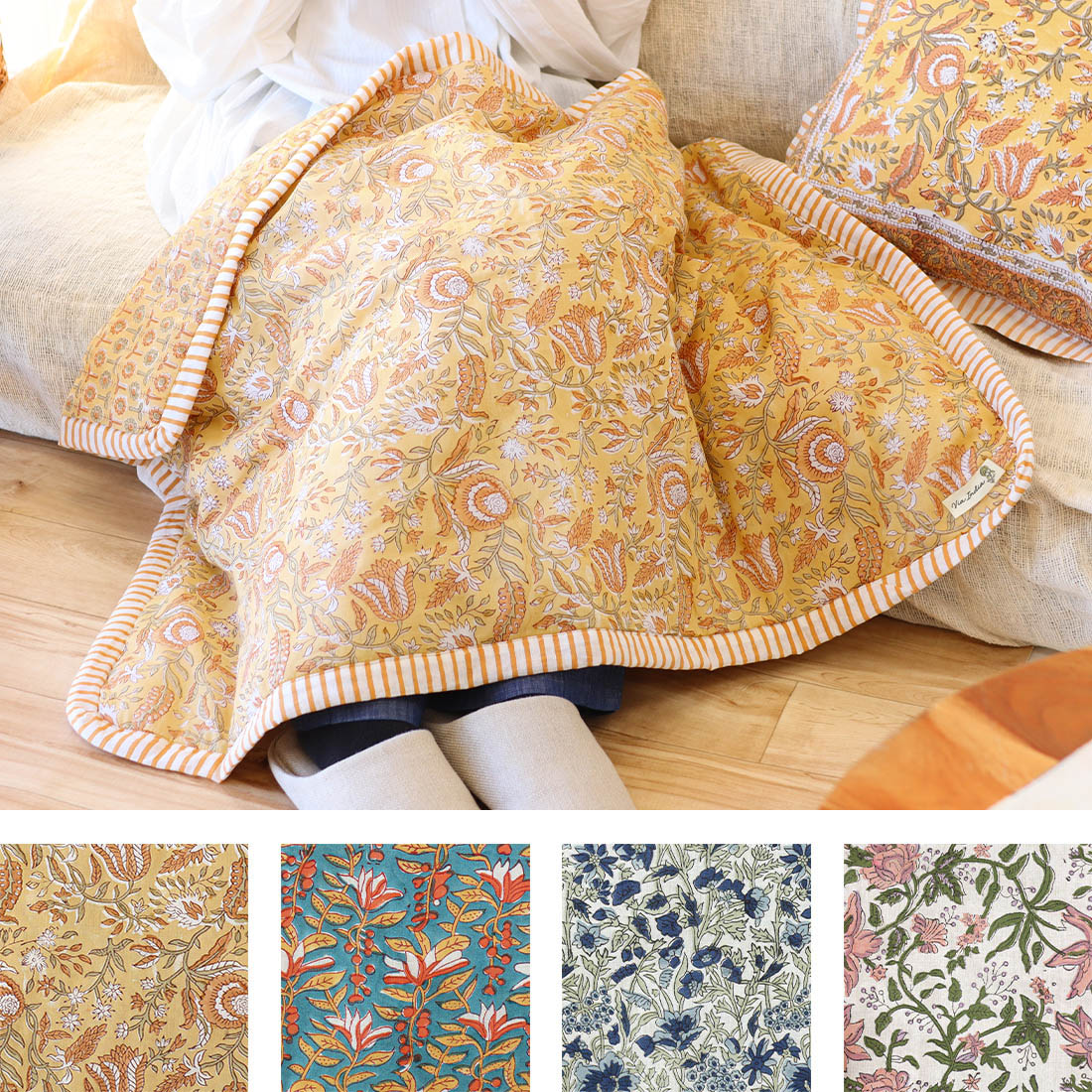 カリーノブロックプリント ケットS[Via Indiaインディアひざ掛け 花柄アジアンナチュラル和春夏24SS] | 卸売・ 問屋・仕入れの専門サイト【NETSEA】