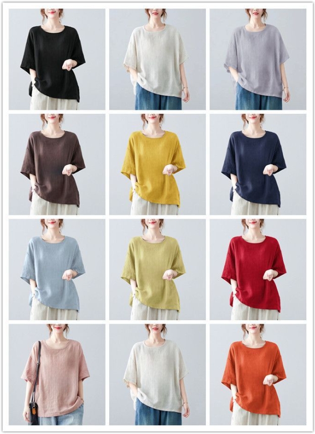 2025年夏新作 レディース トップス tシャツ 半袖 ブラウス 綿麻 無地 シンプル 10色展開 S#-4XL# | 卸売・ 問屋・仕入れの専門サイト【NETSEA】