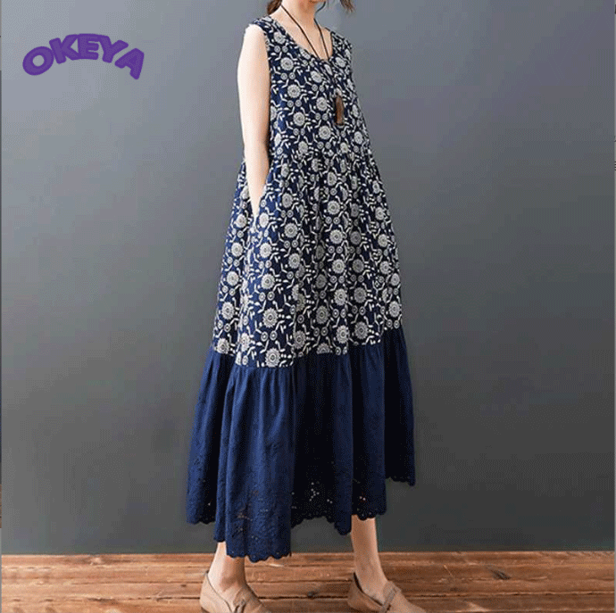 2025年夏新作 ワンピース ノースリーブ 切り替え ロングワンピース レース 綿麻 2色展開 M#-2XL# | 卸売・ 問屋・仕入れの専門サイト【NETSEA】