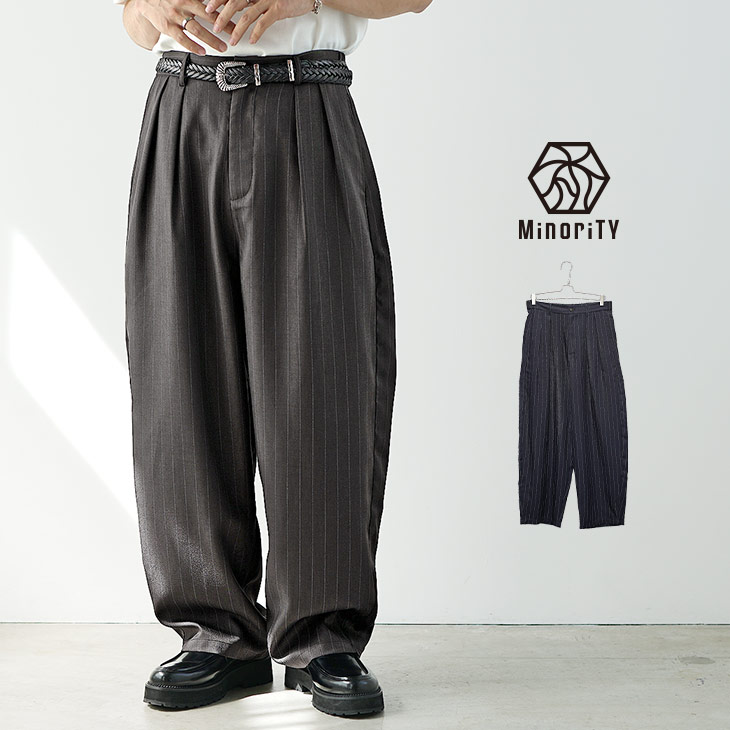 【2025年春の新作】2タック ピンストライプ ワイドシルエット スラックス パンツ／MinoriTY | 卸売・ 問屋・仕入れの専門サイト【NETSEA】