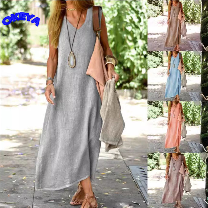 2024年夏新作 レディース服 ワンピース ロングワンピース ノースリーブ vネック 綿麻 S#-5XL# 個人事業主 OKEYA | 卸売・ 問屋・仕入れの専門サイト【NETSEA】