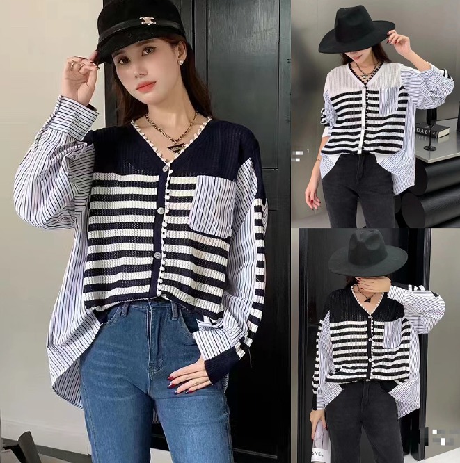 全3色 長袖トップス 切り替え バイカラー 体型カバー 着痩せ ボーダー柄 カジュアル Akuaray 問屋・仕入れ・卸・卸売の専門【仕入れ ...