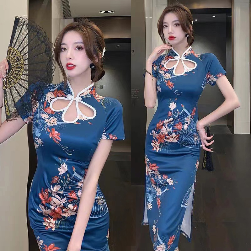 【即納】M L XL紺色 ロング丈 ストレッチ チャイナドレス コスプレ衣装【3239】 | 卸売・ 問屋・仕入れの専門サイト【NETSEA】