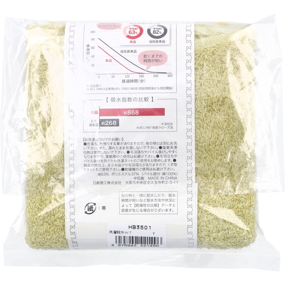 洗濯脱水するだけですぐ乾くタオル ウォッシュタオル 約34×35cm イエロー HB-3501 1枚入 カネイシ 株式会社 問屋・仕入れ・卸・卸売の専門【仕入れならNETSEA】